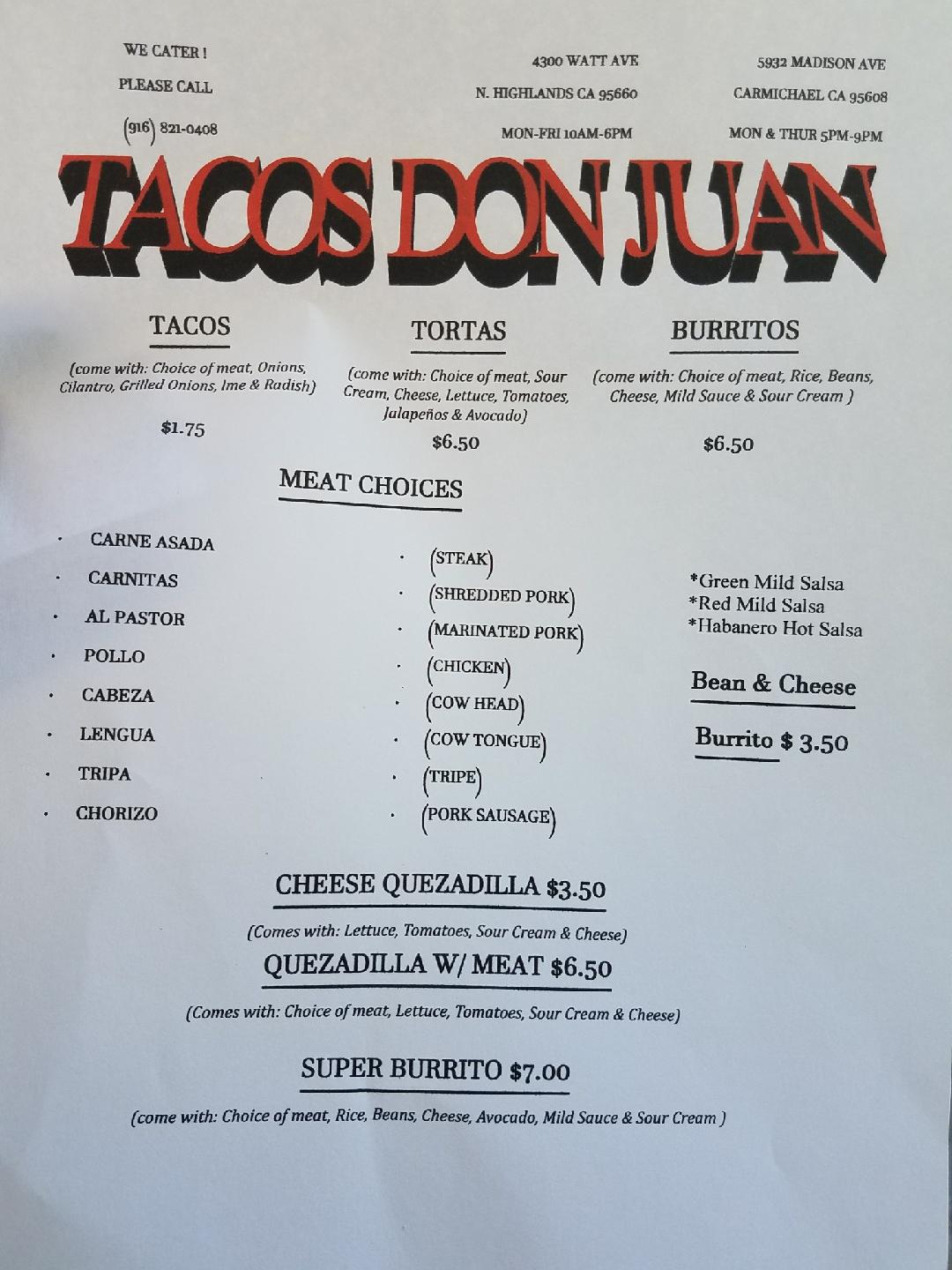 Menu at Tacos Don Juan restaurant, Roseville