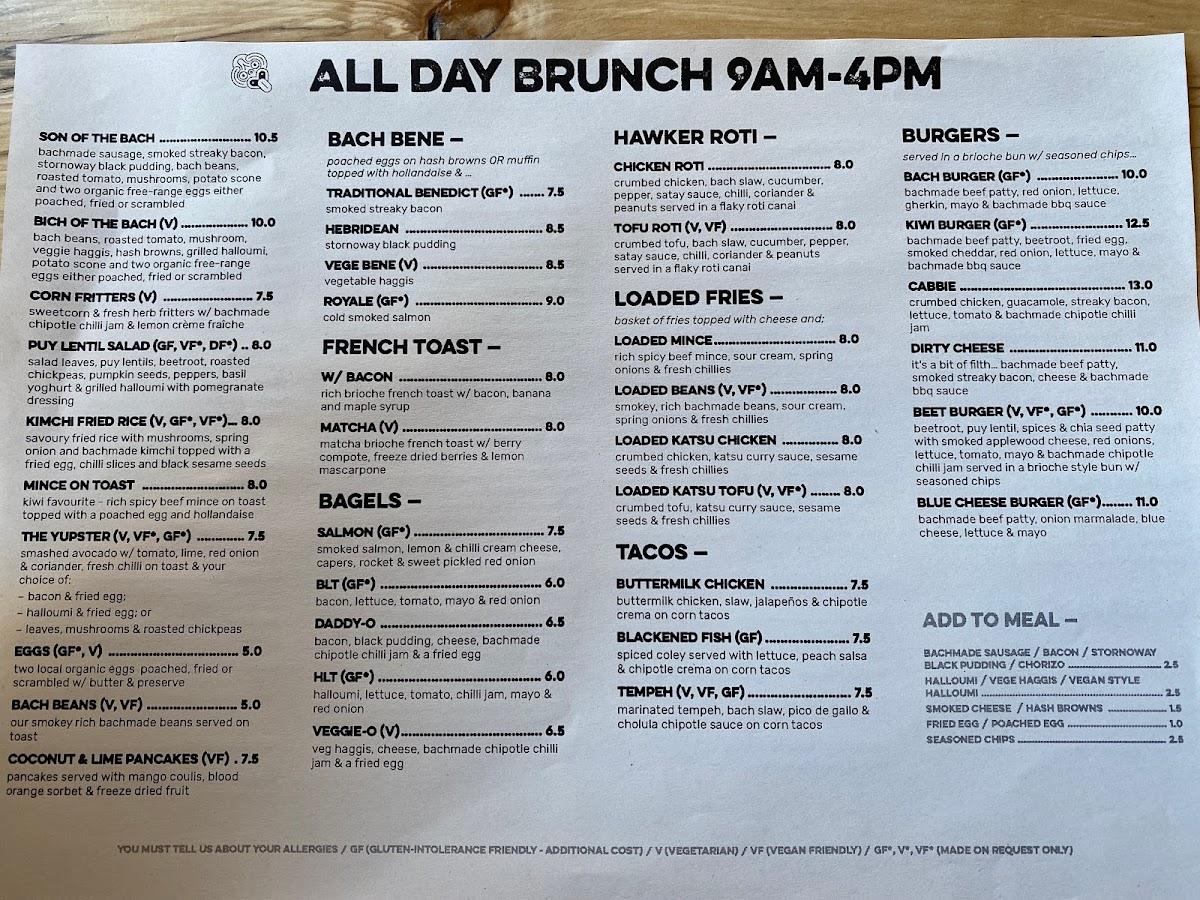 Menu at The Bach cafe, Dundee