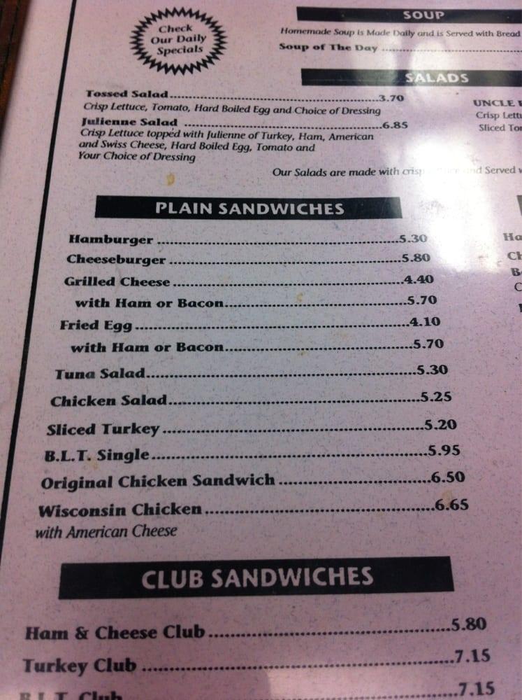 Menu at Uncle Bill's Diner restaurant, Roselle