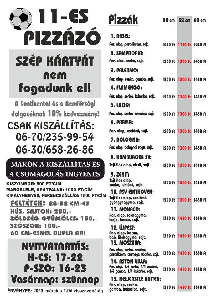 Menu at 11-es Pizzéria pizzeria, Makó