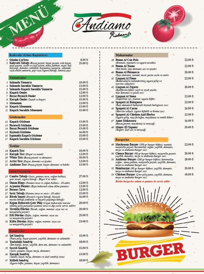 Menu at Andiamo Ristorante, Istanbul