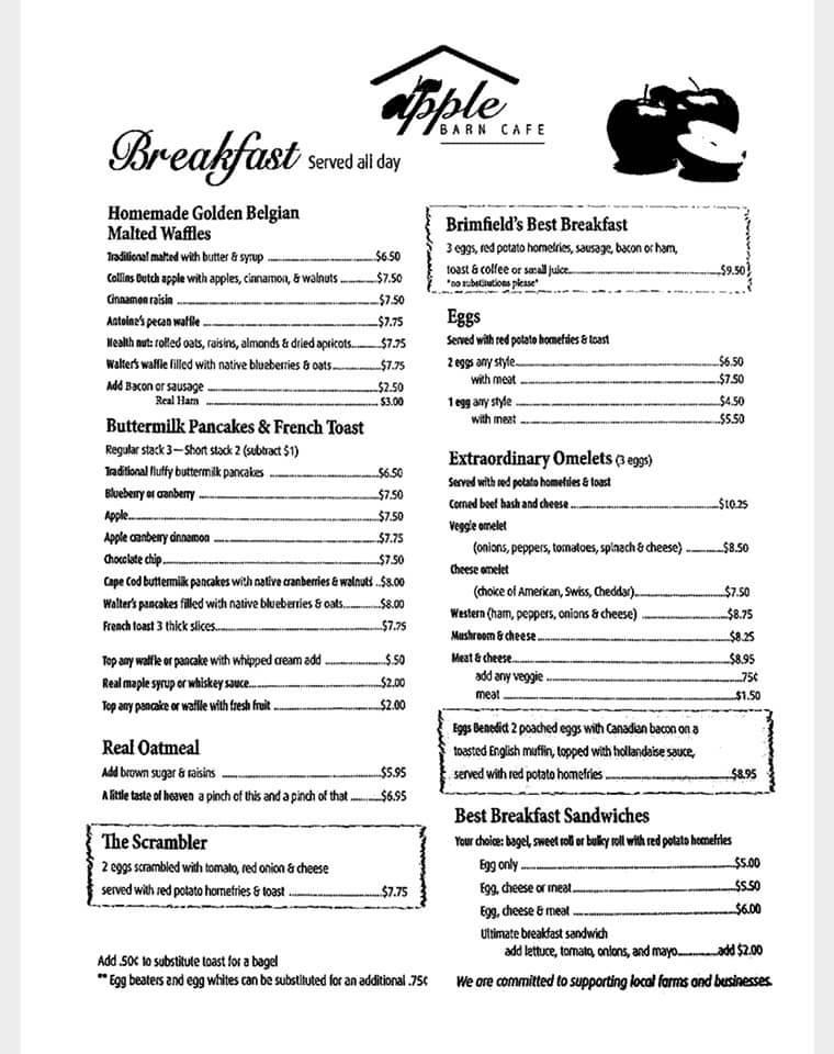 Menu at Apple Barn Cafe, Brimfield