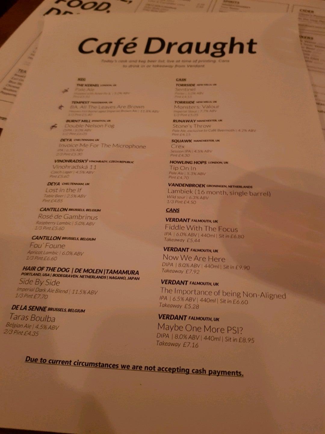 Menu at Café Beermoth Craft Beer Bar, Manchester