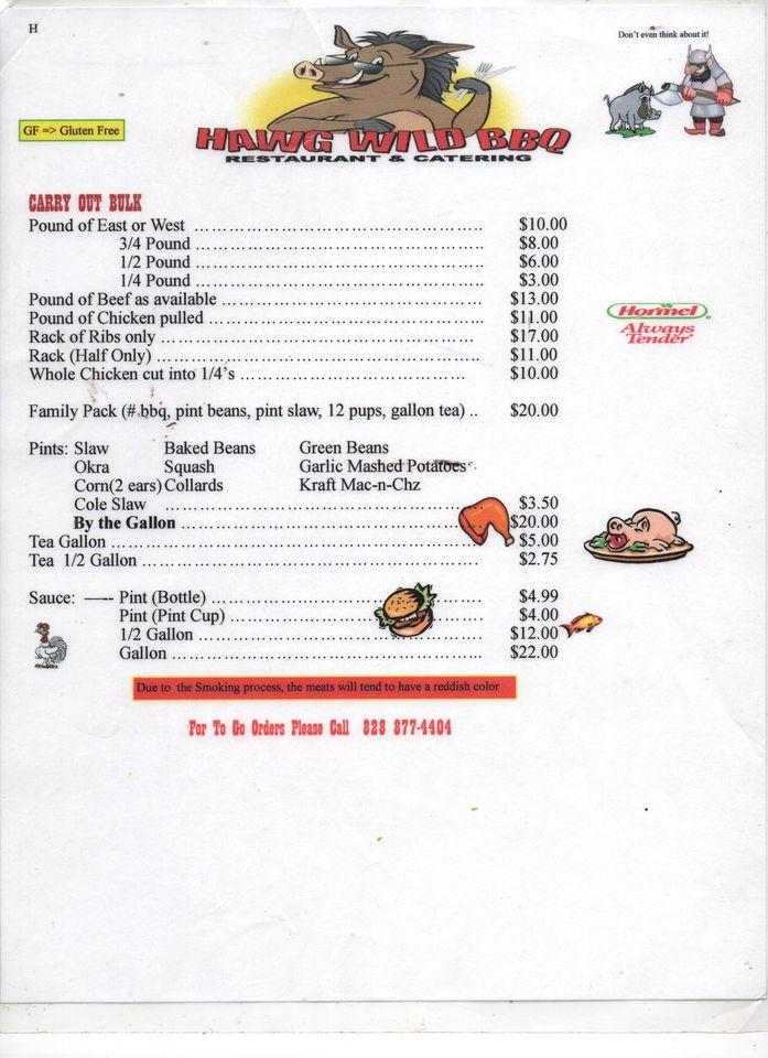 Menu at Hawg Wild Smokehouse & Taproom BBQ, Pisgah Forest