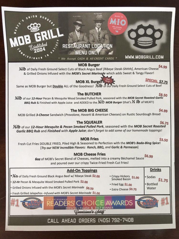 Menu at MOB Grill restaurant, Oklahoma City, 11 NE 6th Street