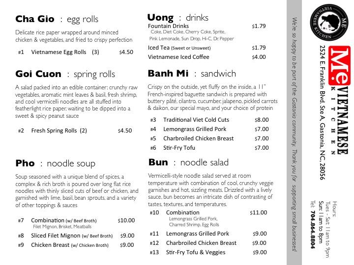 Menu at Mẹ Viet Kitchen restaurant, Gastonia