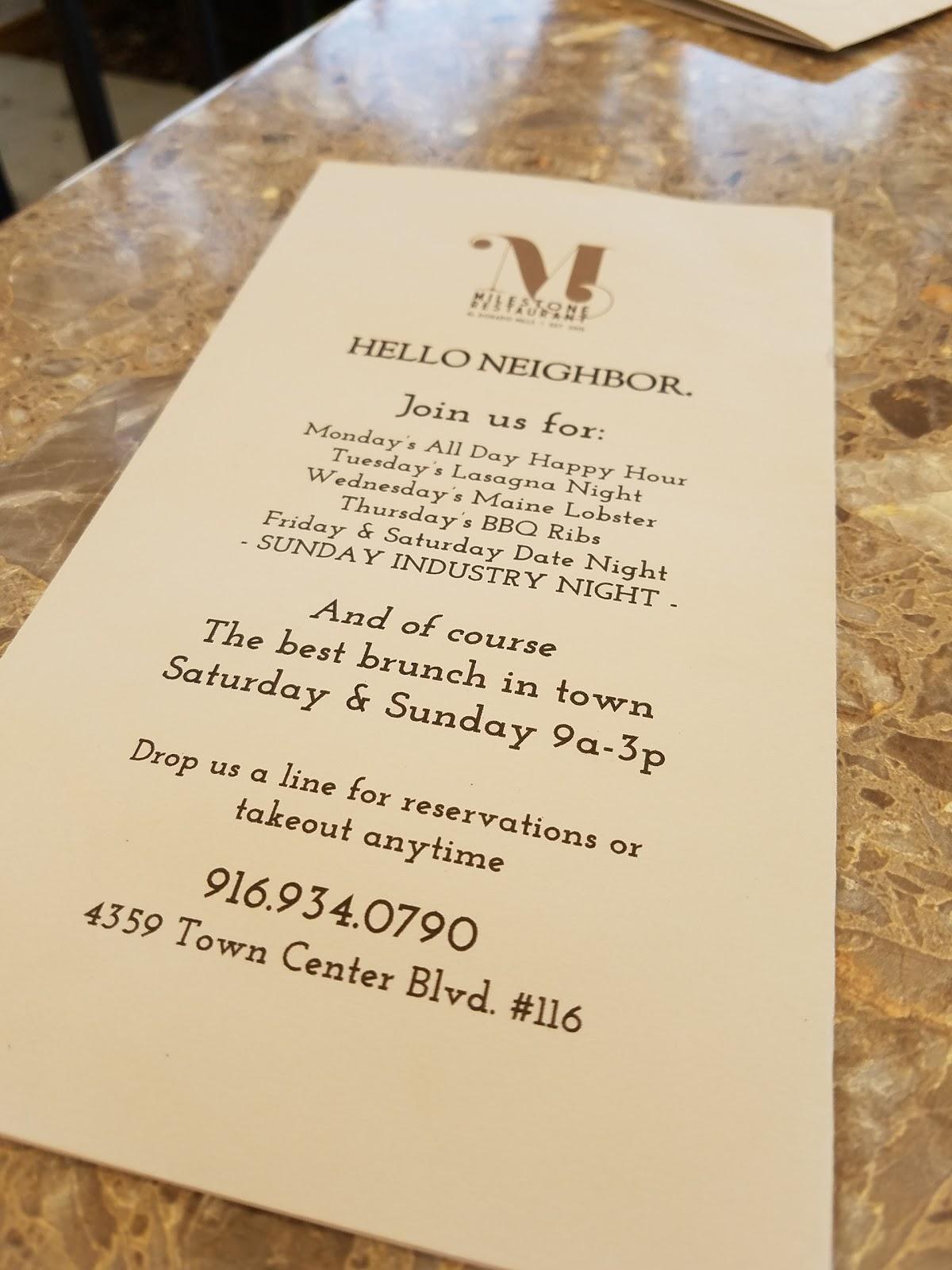 Menu at Milestone Restaurant & Cocktail Bar, El Dorado Hills