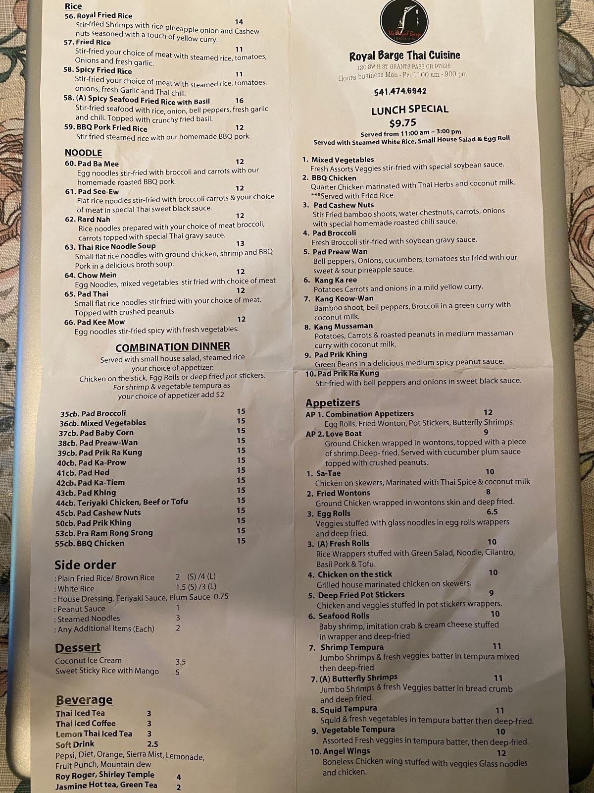 Menu at Royal Barge Thai Cuisine, Grants Pass, 120 SW H St