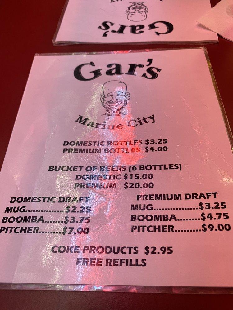 Menu at Gar's Lounge restaurant, Marine City