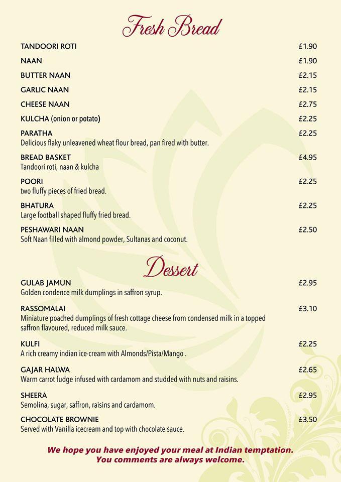 Menu at Indian Temptation restaurant, Bath, 9-10 High St