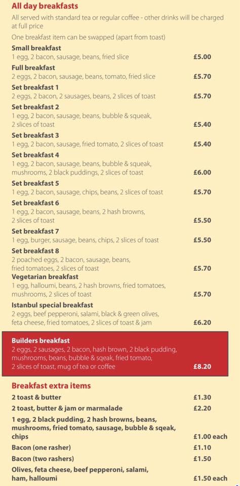 Menu at Istanbul Cafe, Worthing