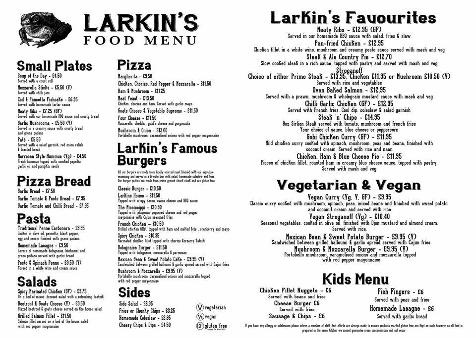 Menu at Larkin's Bar, Hull