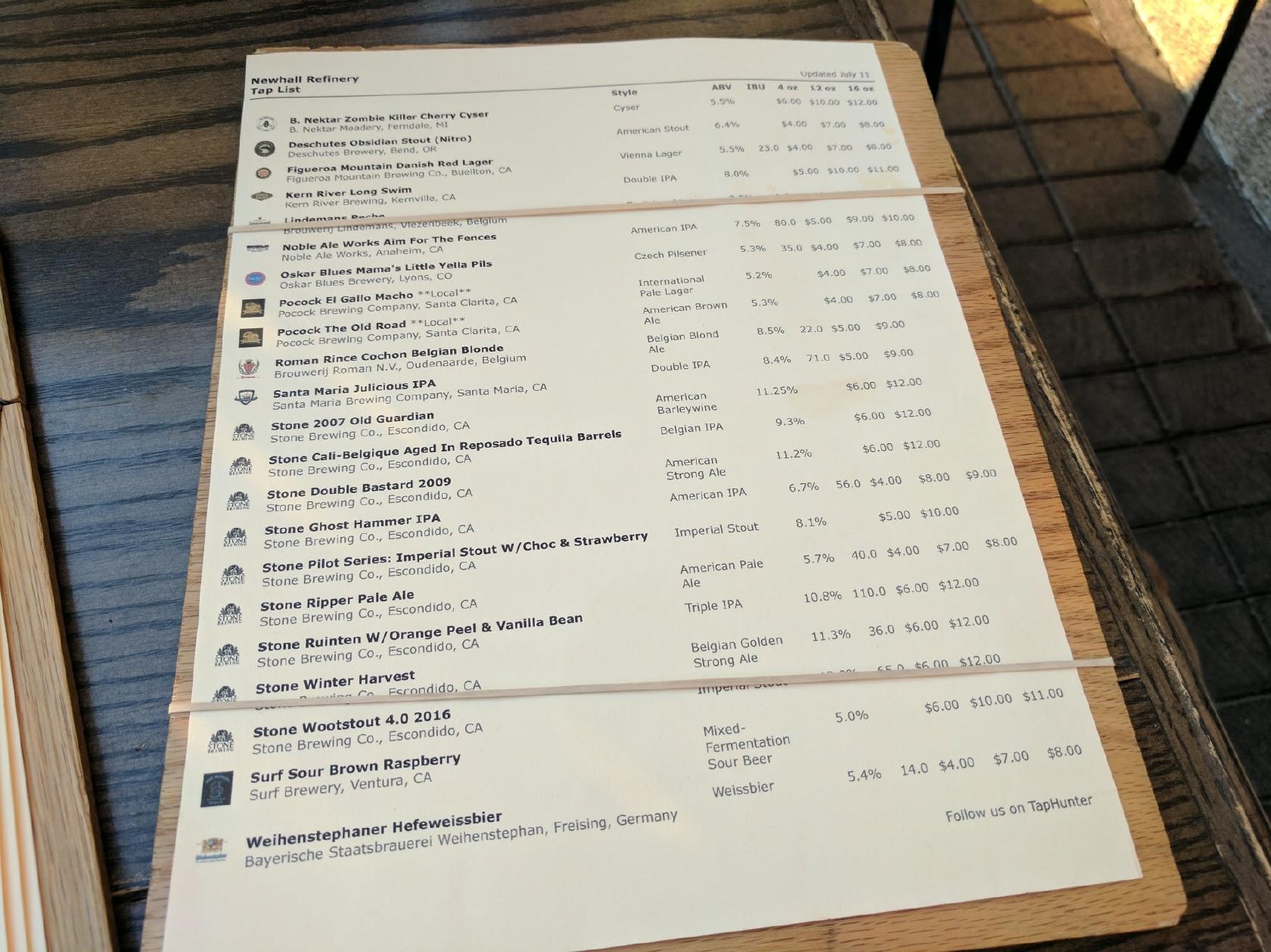 Menu at Newhall Refinery restaurant, Santa Clarita