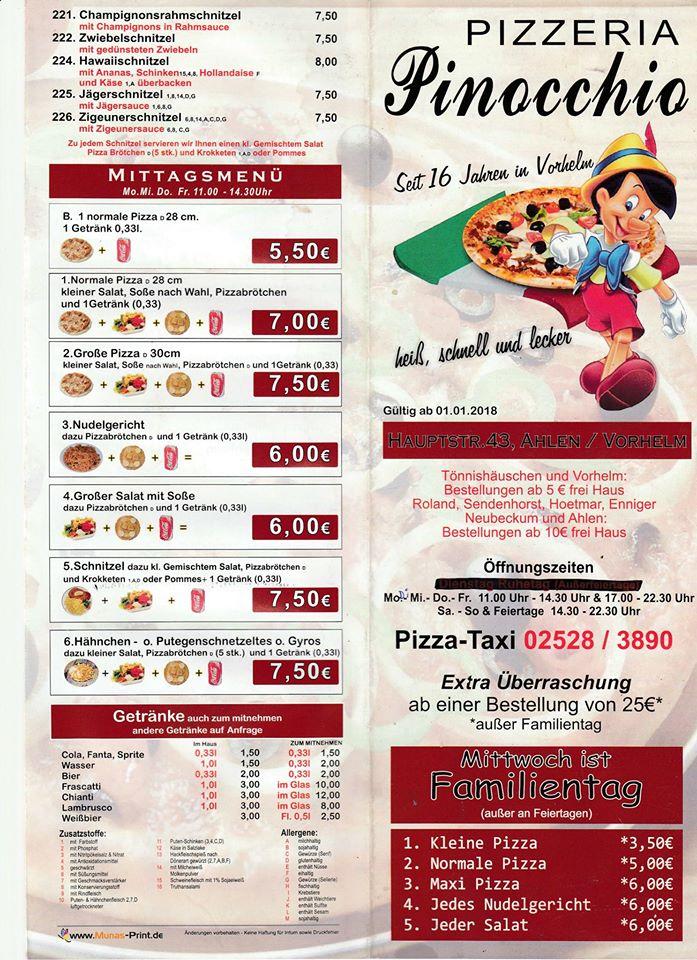 Menu at Pizzeria Pinocchio, Ahlen, Hauptstraße 43