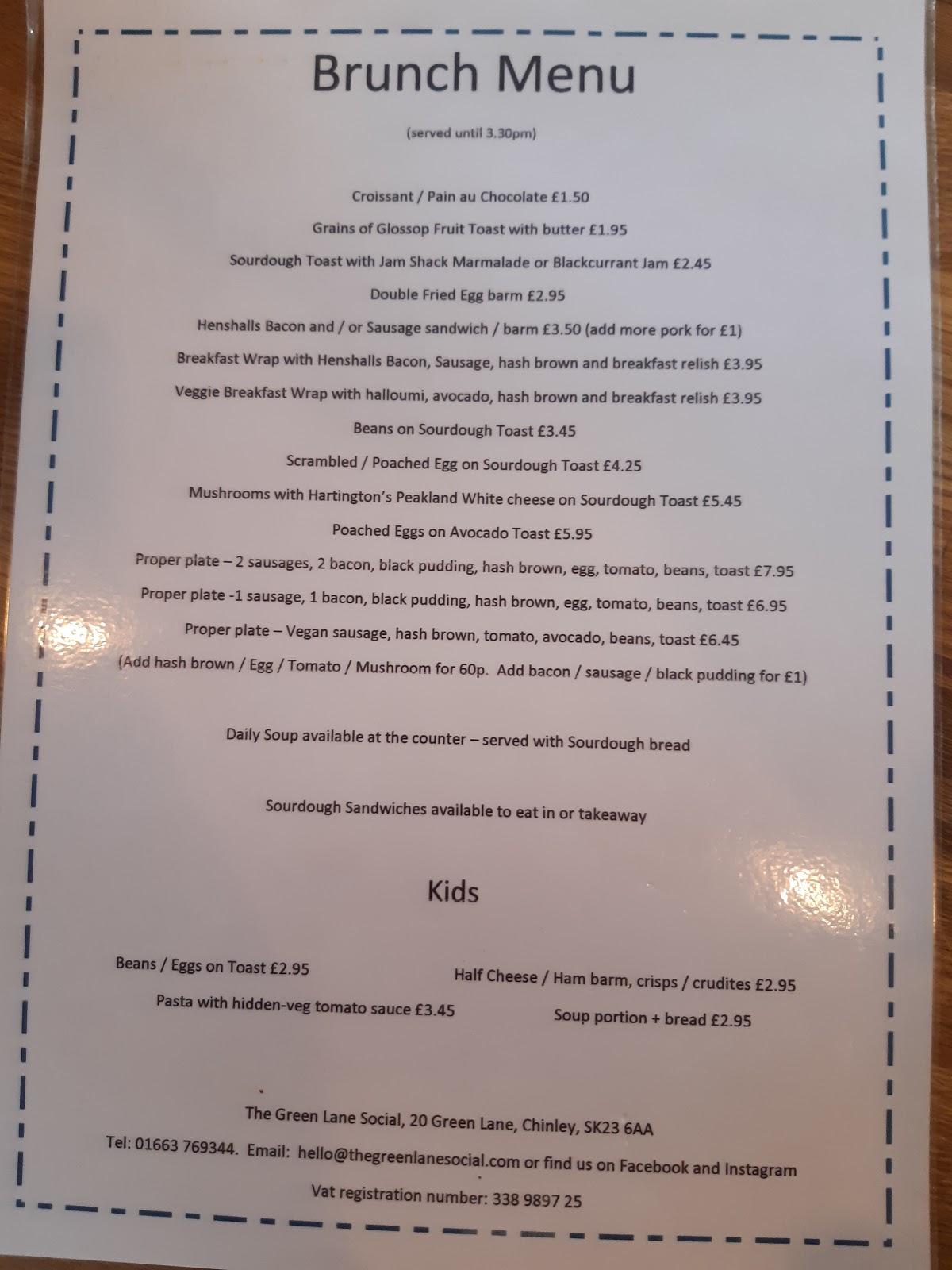 Menu at The Green Lane Social cafe, Chapel-en-le-Frith