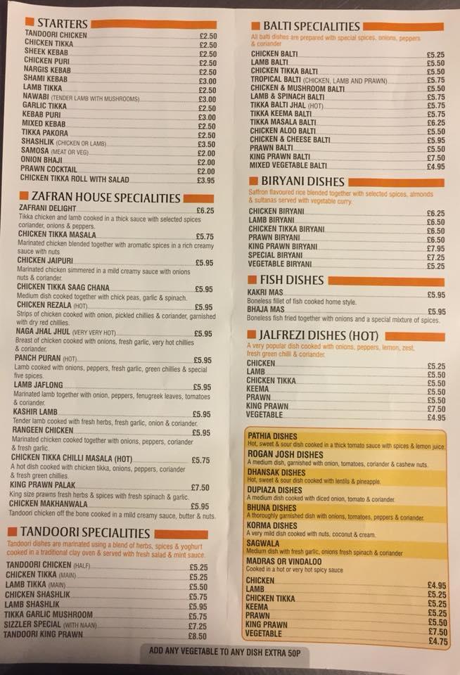 Menu at Zafran Tandoori Takeaway fast food, Kidderminster