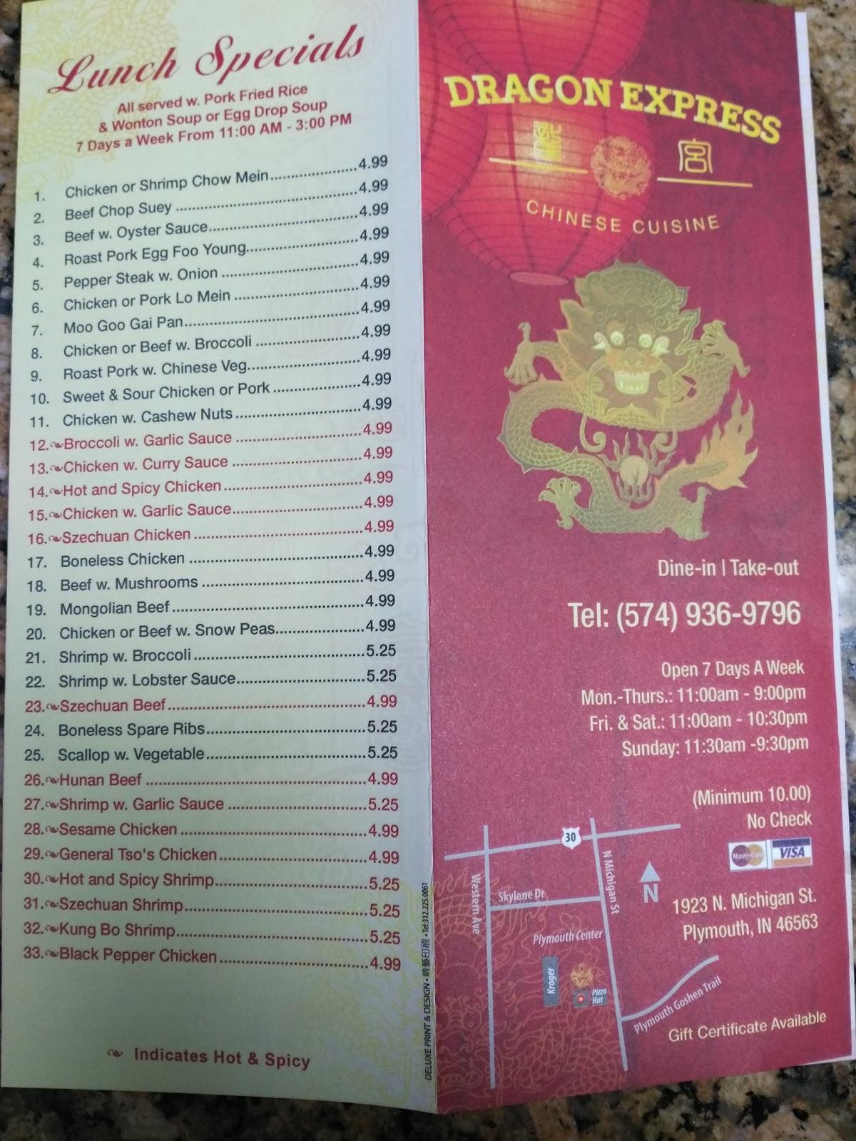 Menu at Dragon Express Restaurant, Plymouth