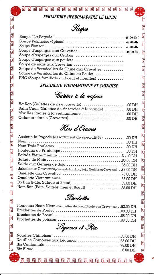 Menu at La Pagode restaurant, Rabat
