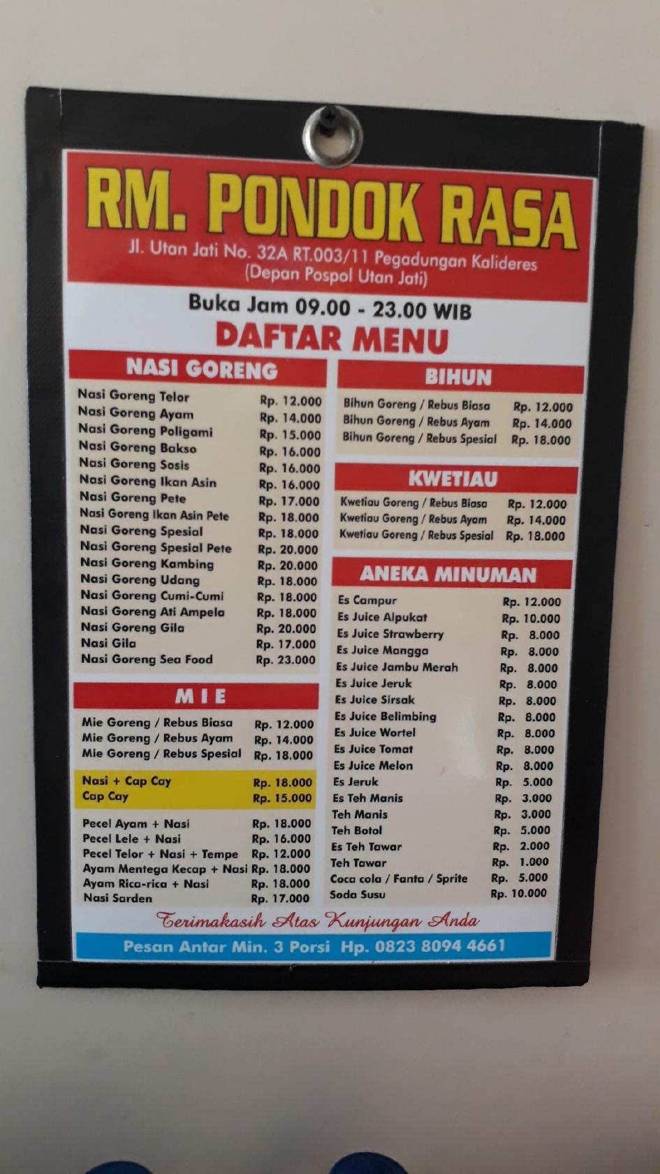 Menu at RM. Pondok Rasa restaurant, West Jakarta