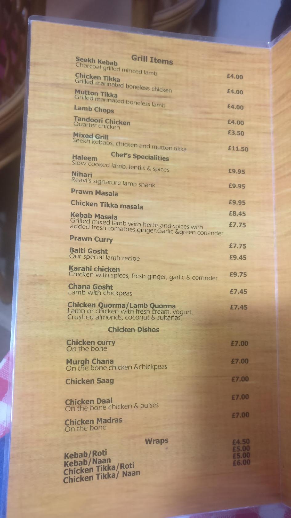 Menu at Raavi Kebab restaurant, London