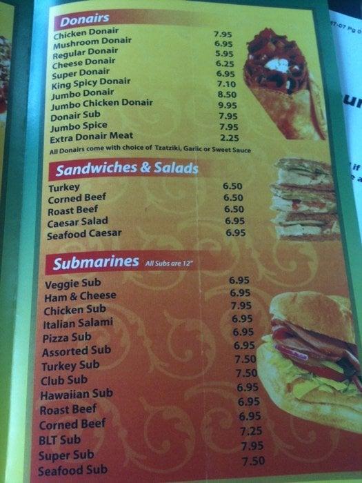 Menu at Simon King Donair & Submarine restaurant, Edmonton
