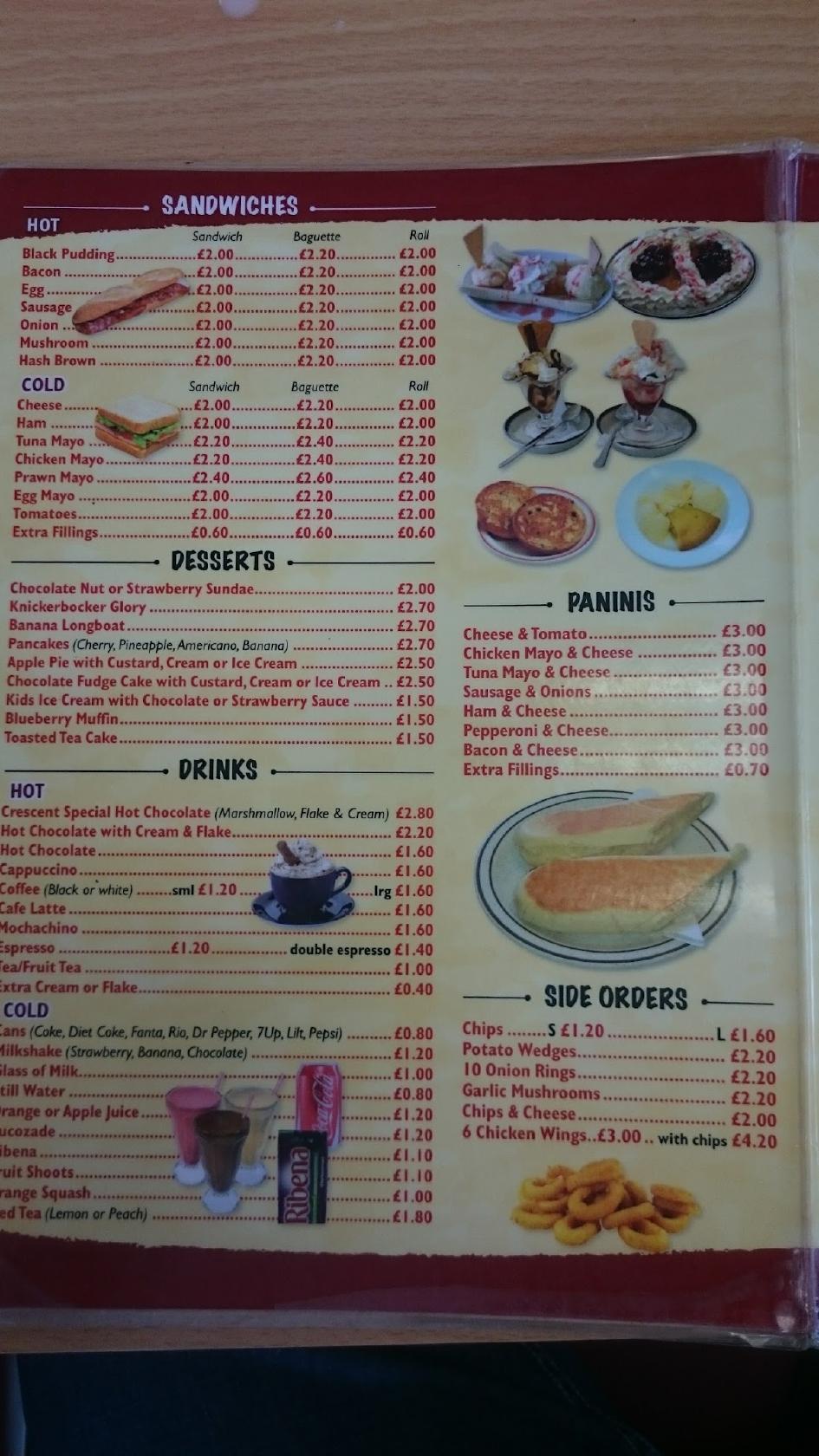 Menu at Crescent Cafe, Bristol