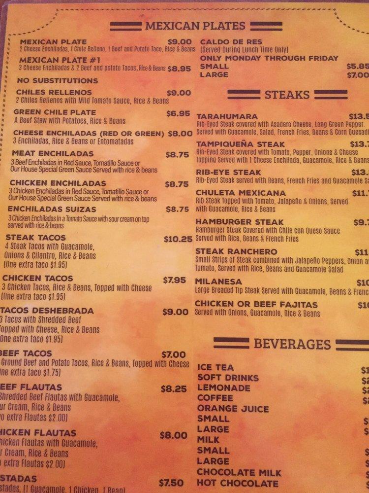 Menu at La Malinche restaurant, El Paso, N Zaragoza Rd