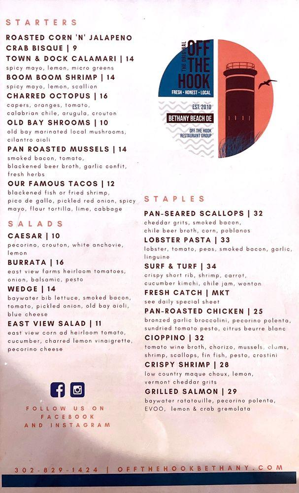Menu at Off the Hook pub & bar, Bethany Beach