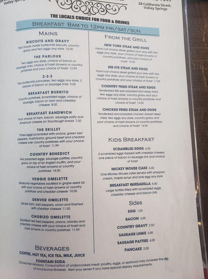 Menu at The Parlour Pub, Valley Springs