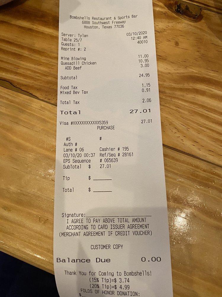 Menu at Bombshells pub & bar, Houston, Southwest Fwy
