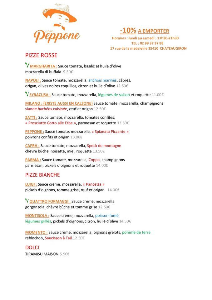 Menu at Chez Peppone restaurant, Châteaugiron