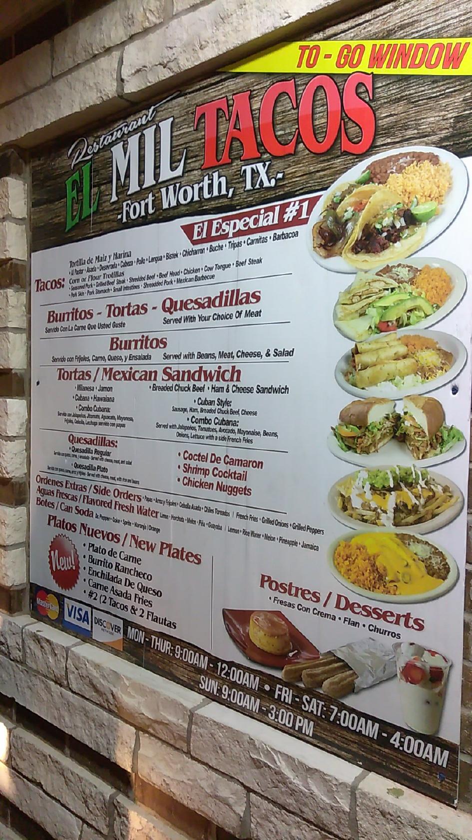 Menu at El MIL Tacos restaurant, Fort Worth, 4117 Hemphill St