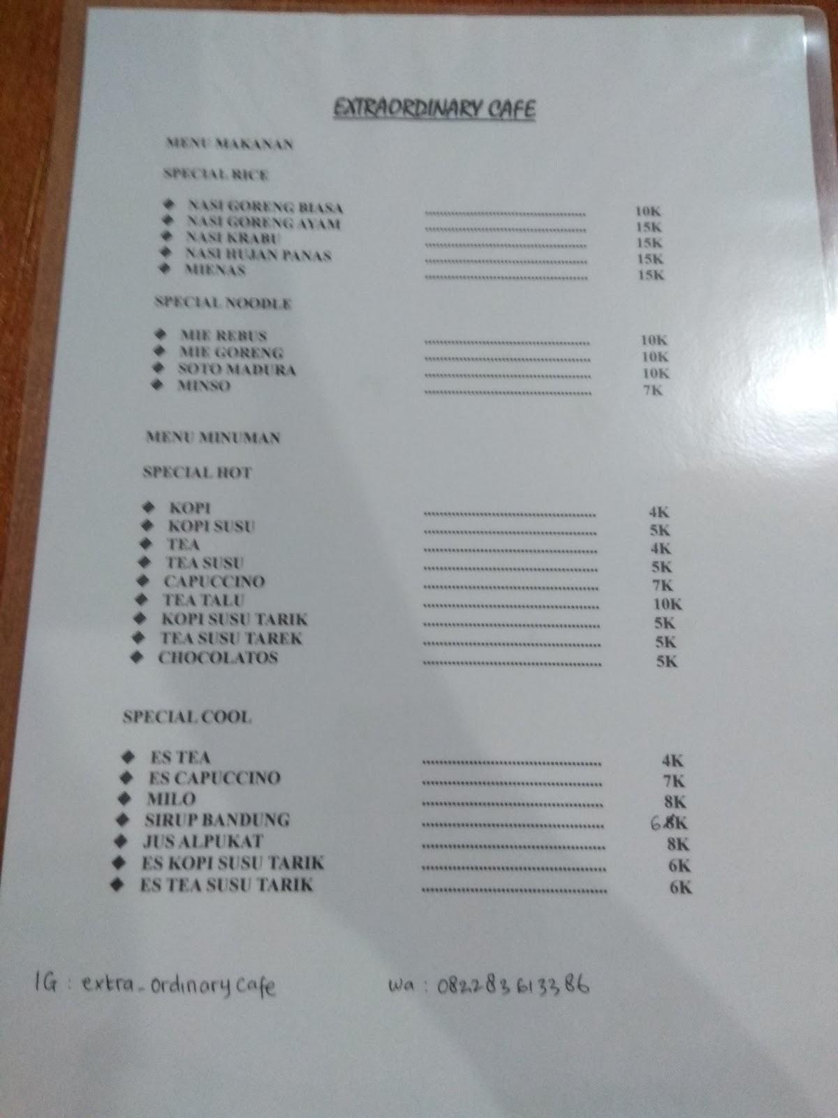 Menu at Extraordinary Cafe, Indonesia