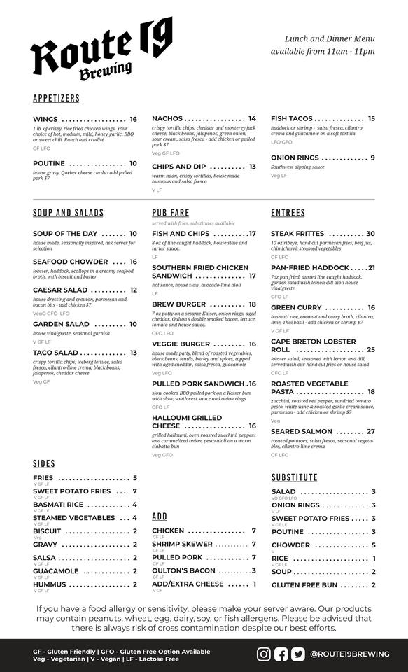 Menu at Route 19 Brewing pub & bar, Inverness, Central Ave