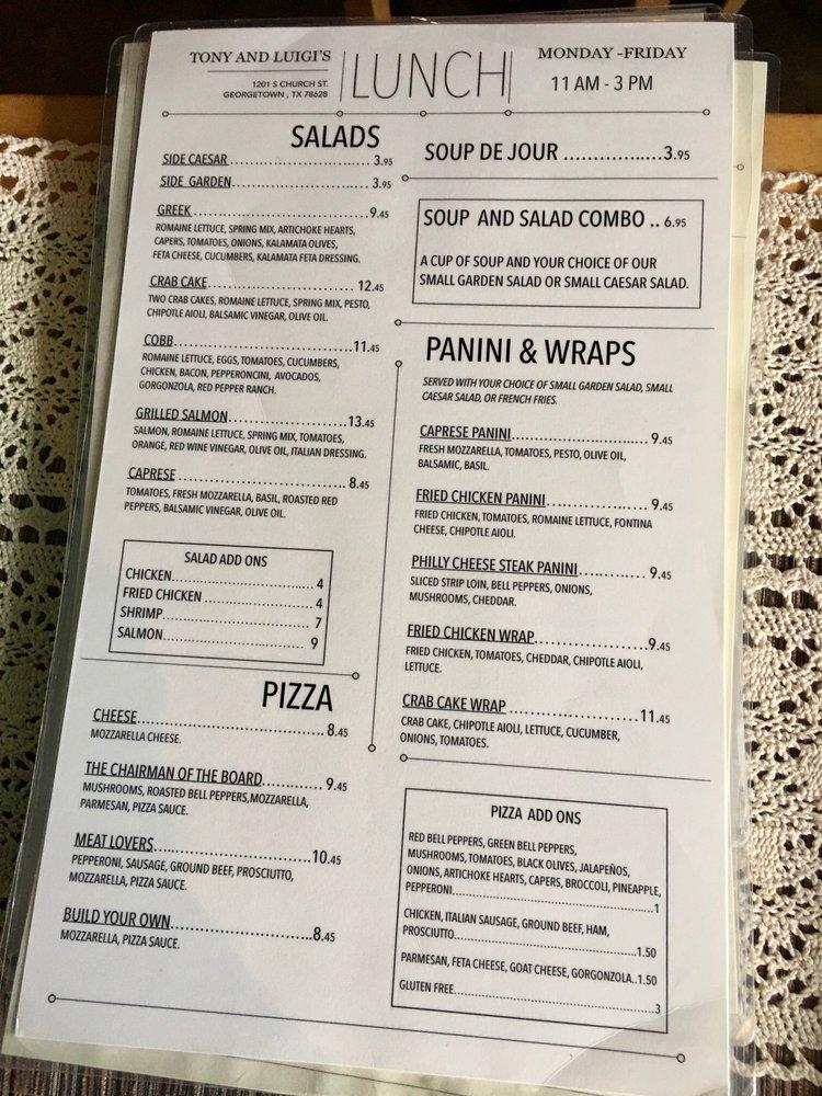 Menu at Tony And Luigi's restaurant, Georgetown