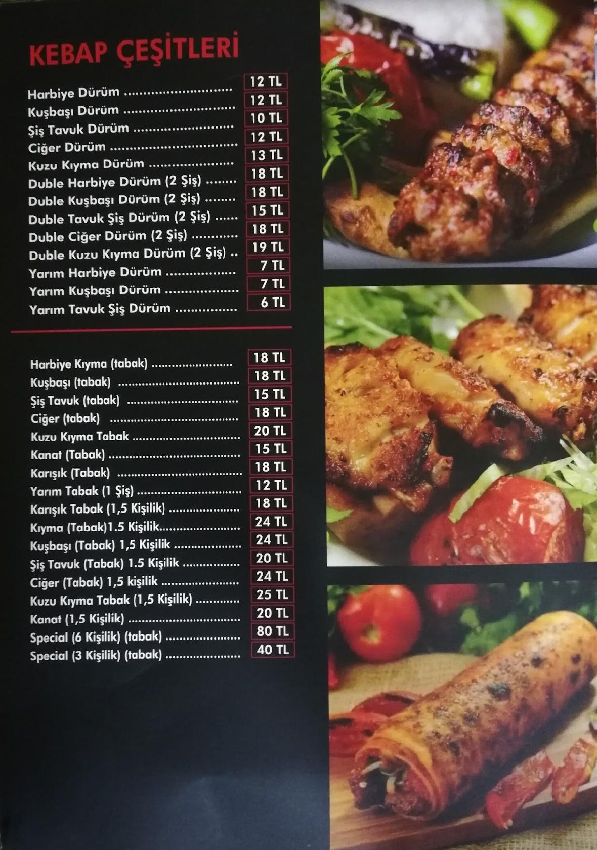 Menu at Harbiye Dürüm Center, Turkey