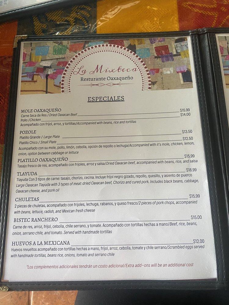 Carta de La Mixteca Restaurante Oaxaqueño, Oxnard