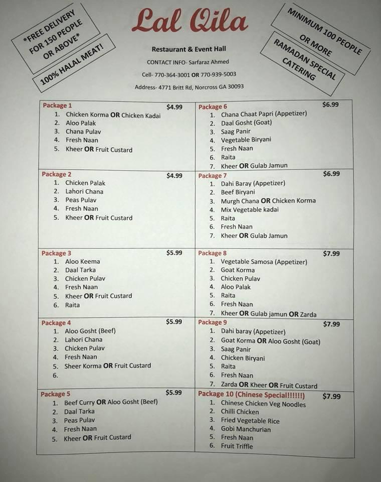 Menu at Lal Qila restaurant, Peachtree Corners