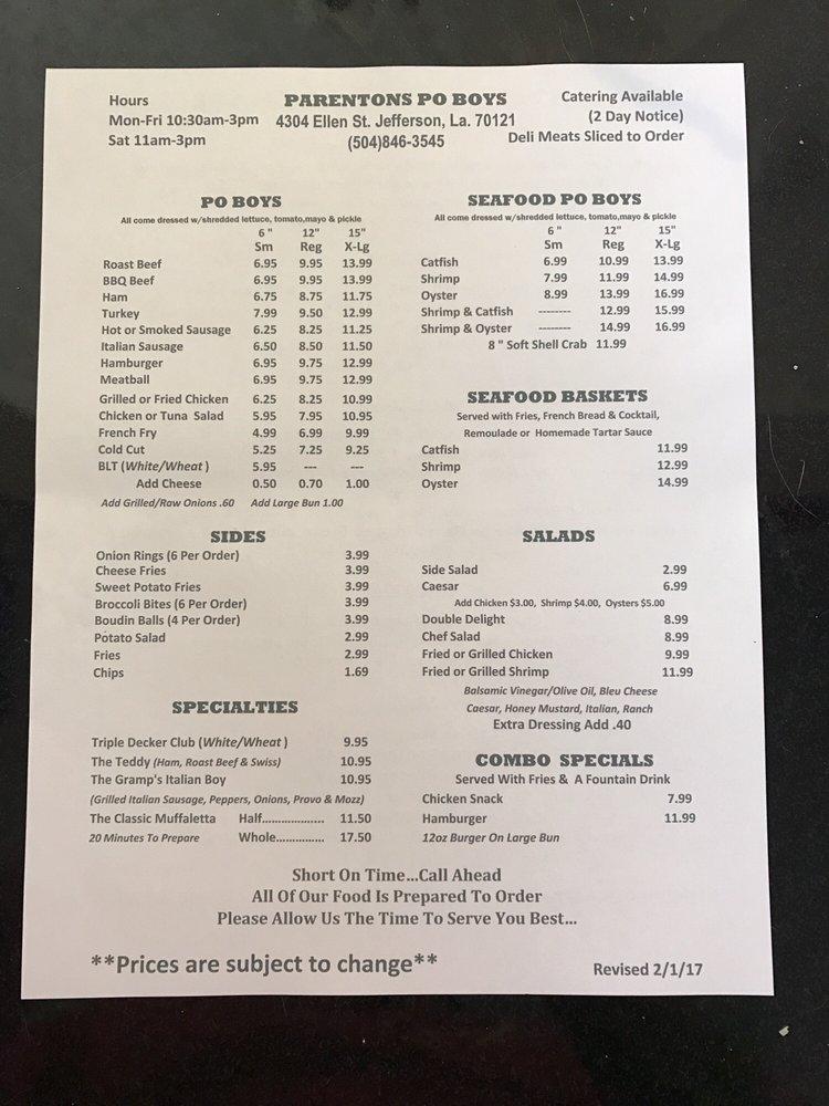 Menu at Parentons Poboys restaurant, New Orleans