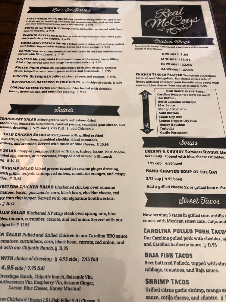 Menu at Real McCoy's restaurant, Wake Forest