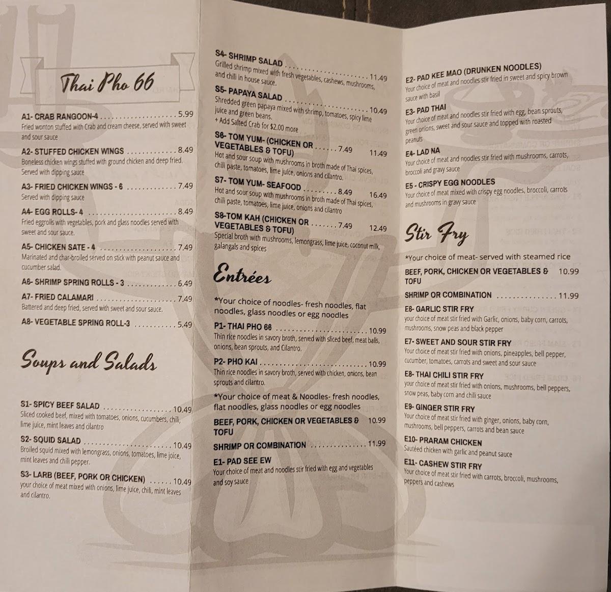 Menu at Thai and Pho 66 restaurant, Bethany