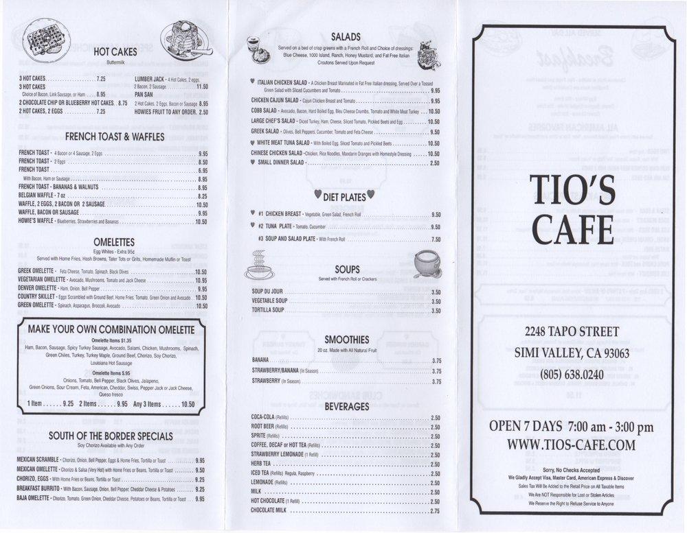 Menu at Tio's Cafe, Simi Valley