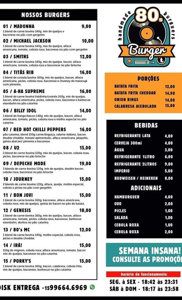 Menu at 80's Burguer restaurant, Itararé