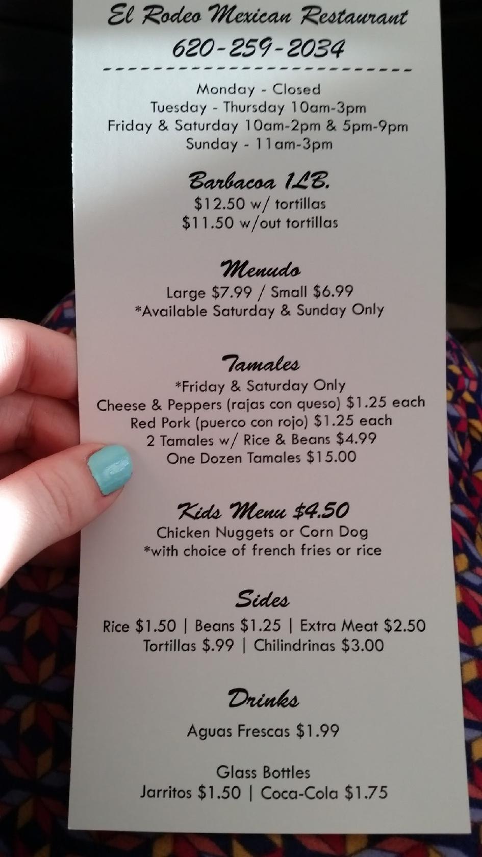 Menu at El Rodeo Mexican Restaurant, Hutchinson