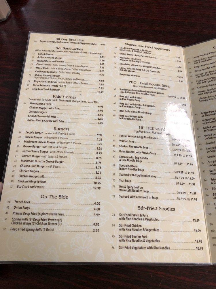 Menu at Lee & Ann's restaurant, Prince Rupert
