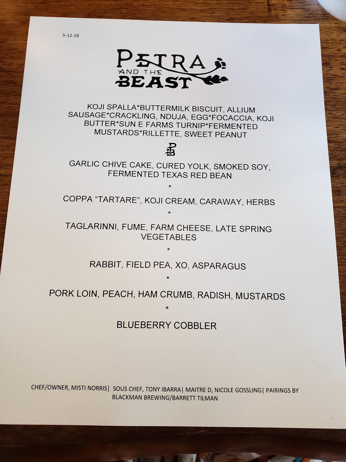 Carta del postres Petra and the Beast, Dallas