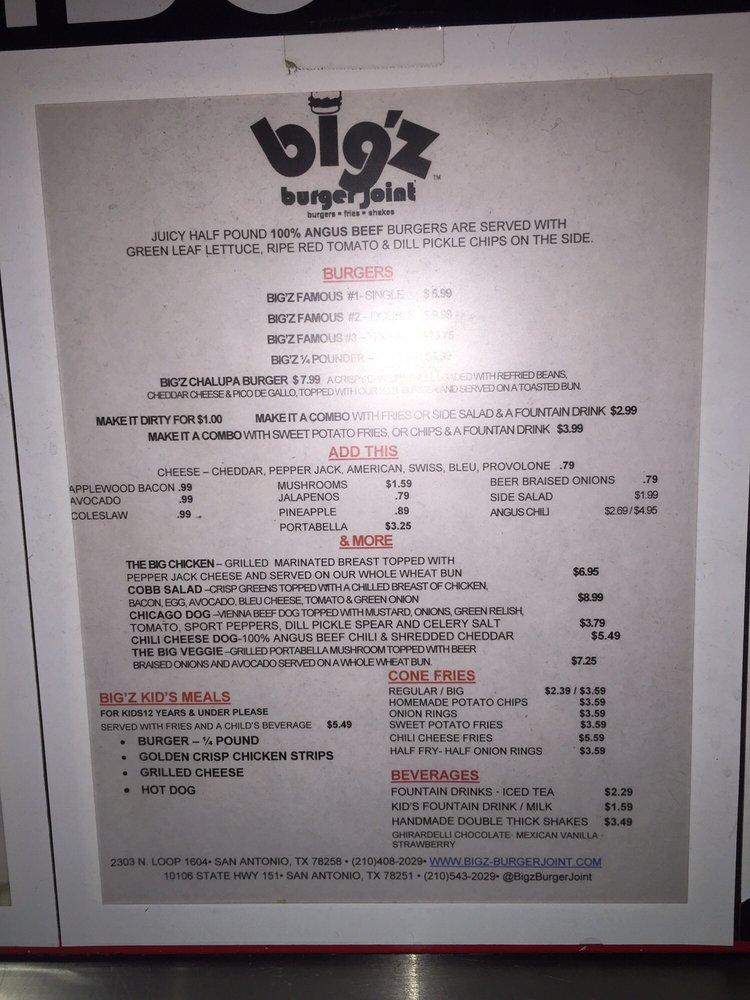 Menu at Big'z Burger Joint 151 restaurant, San Antonio, TX-151