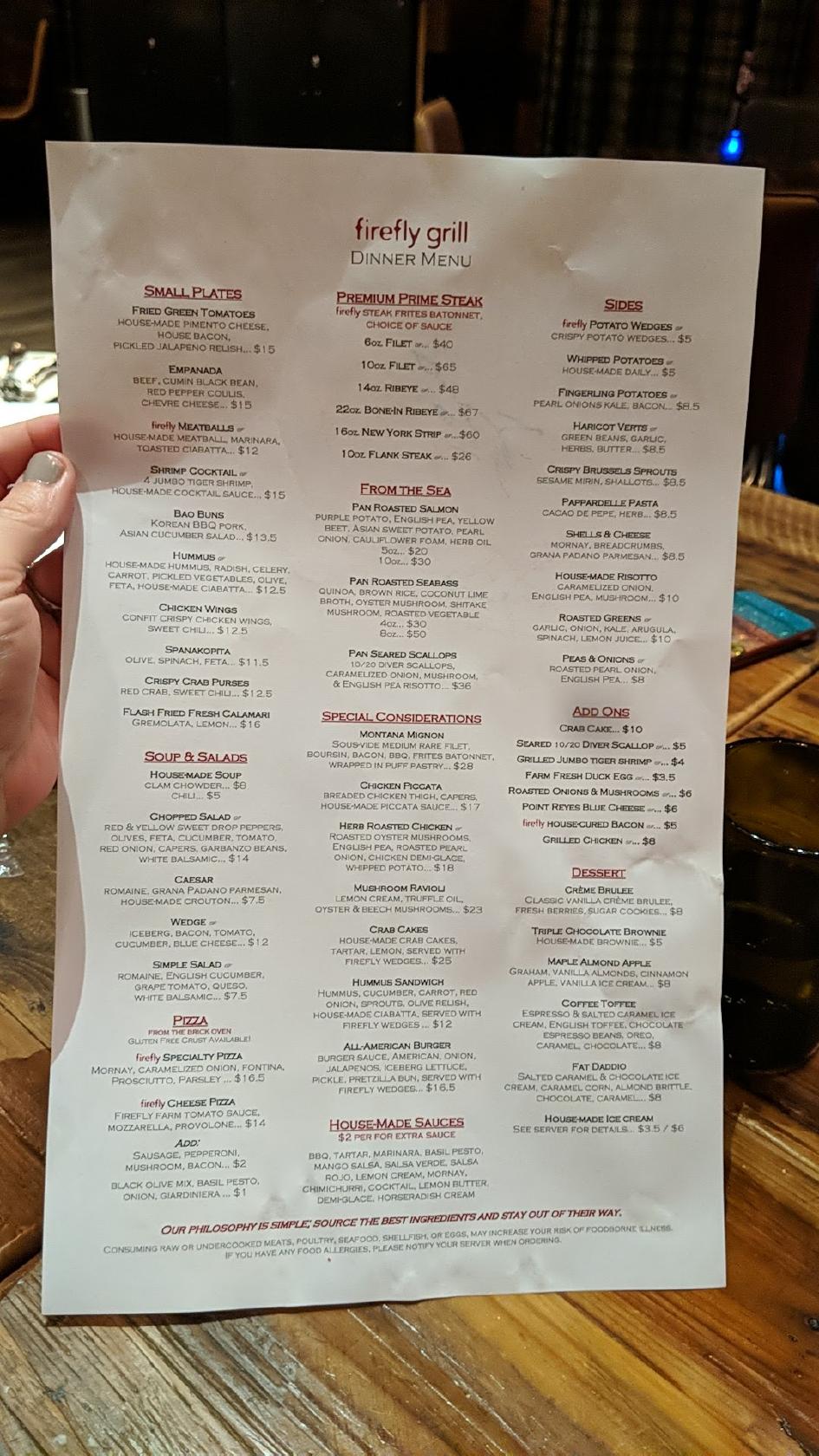 Menu at Firefly Grill steakhouse, Effingham, Avenue of Mid-America