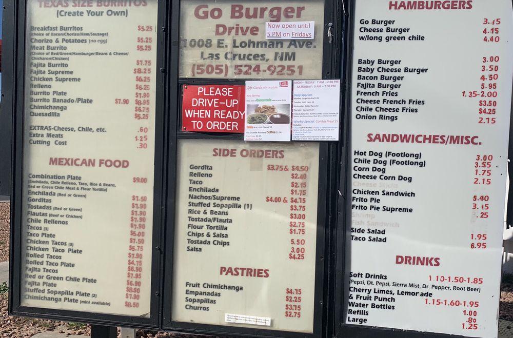 Menu at Go Burger fast food, Las Cruces