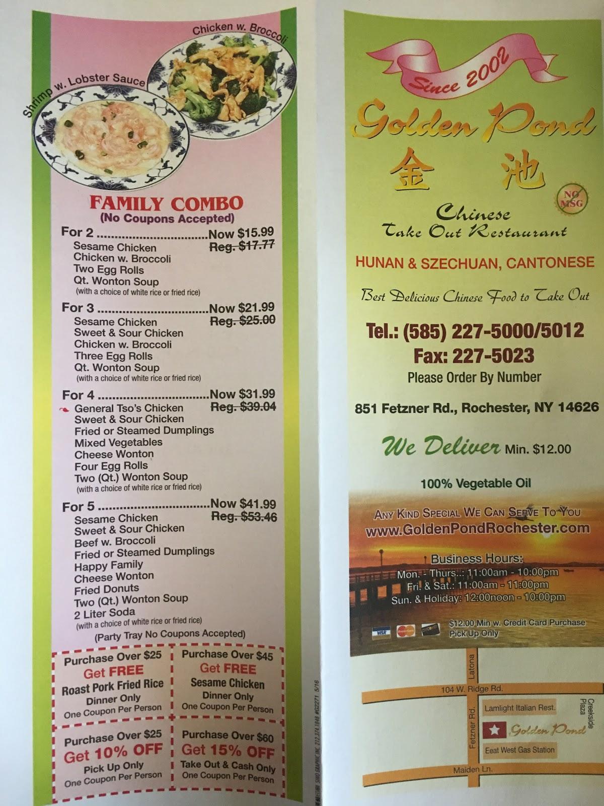 Menu at Golden Pond Chinese restaurant, Take out Food & Delivery, Rochester
